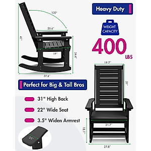 BRIOPAWS Outdoor Rocking Chairs | Set of 2 | Porch Rockers | HDPE Plastic| Black | Oversized | Patio Rocker Chair | High Back | for Big Man | Weather Resistant | for Outside Deck Balcony Backyard