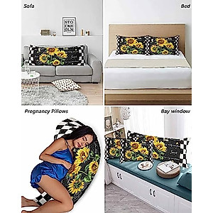 Sunflower Pillow Covers Standard Size Set of 2 20x26 Bed Pillow, Farmhouse Spring Floral Bee Rustic Black White Plaid Plush Soft Comfort for Hair/ Skin Cooling Pillowcases with Envelop Closure