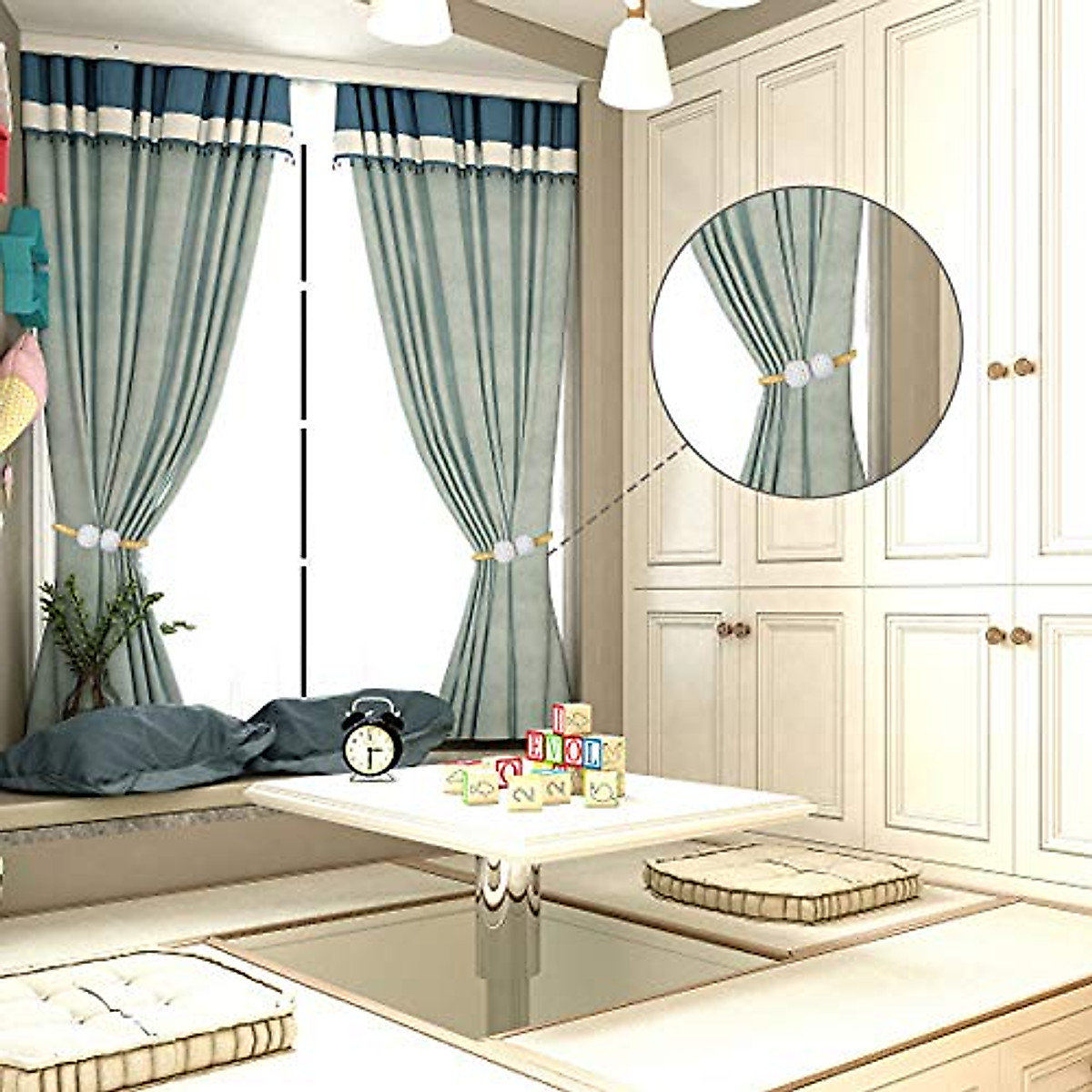 4 Pack Magnetic Curtain Tiebacks Pearl Ball Home Window Curtain tiebacks The Most Convenien Tie Backs, Weave Clips Rope Straps Holder for Big,Wide or Thick Drapries (Beige)