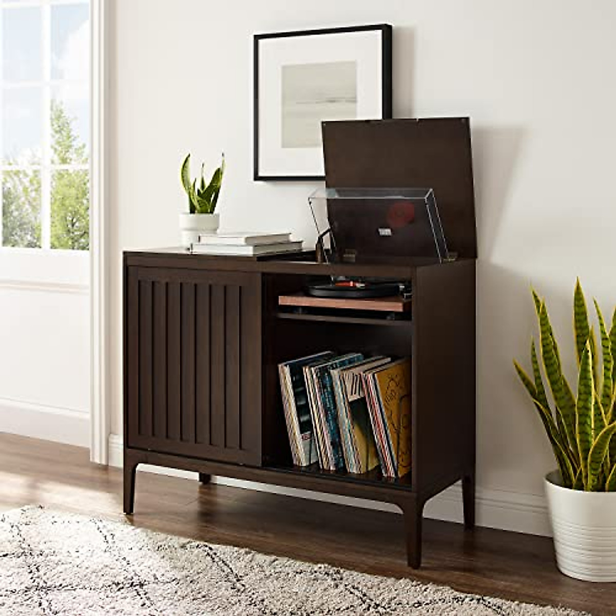 Crosley Furniture Asher Media Console and Record Player Stand with Storage for Vinyl Records, Dark Brown