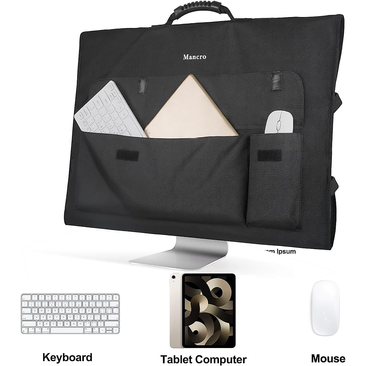 Mancro Monitor Carrying Case Compatible with Apple 27" iMac Desktop Computer, Padded Travel Carrying Bag with Rubber Handle, Pockets for 27" Screen and Accessories, Protective Case Monitor Dust Cover