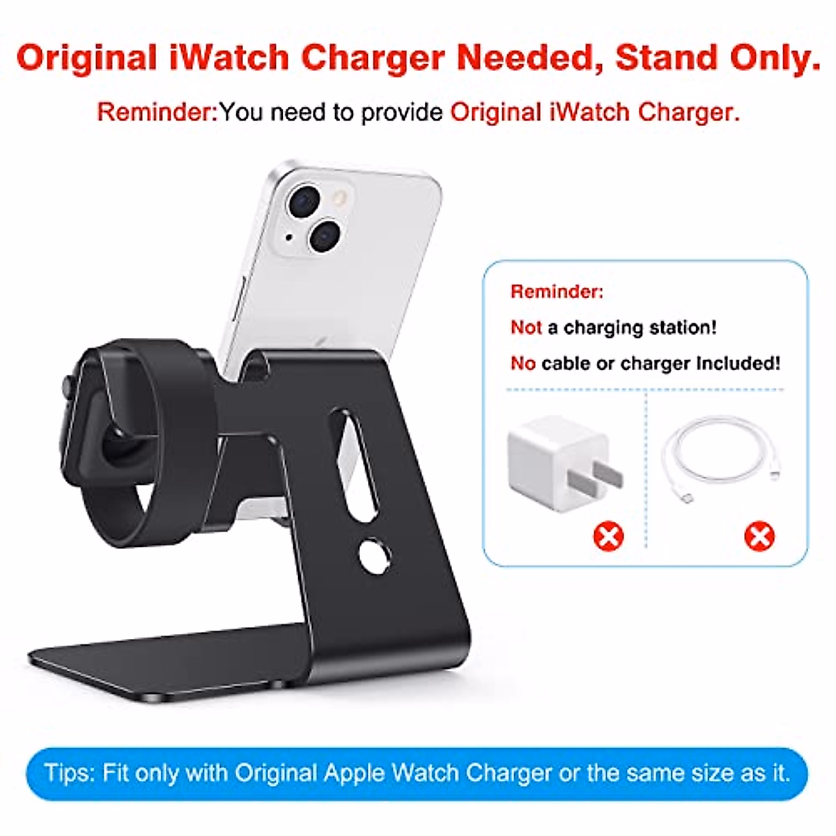 OMOTON Stand for Apple Watch - 2 in 1 Universal Desktop Stand Holder for iPhone 14 13 12 11 All Series and Apple Watch Series 8/SE2/7/6/SE/5/4/3/2 (Both 38mm/40mm/41mm/42mm/44mm/45mm) (Black)