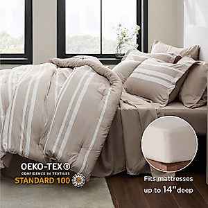 Bedsure Full Comforter Set 7 Pieces, Light Camel Striped Bedding Set for Full Size Bed Reversible, Cationic Dyeing Bed in a Bag with Comforter, Sheets, Pillowcases & Shams
