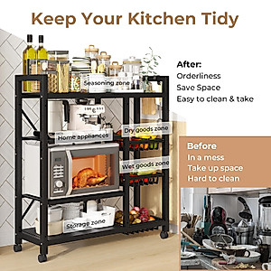 Storage Shelves, Adjustable 4-Tier Kitchen Shelves with 3 Wire Baskets, Kitchen Organizers and Storage, Metal Shelf Rack with Wheels for Garage, Pantry, Bathroom, Closet, House Warming Gifts New Home