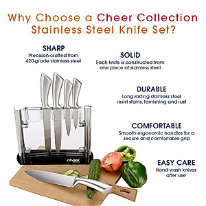 Cheer Collection Stainless Steel Chef Knife Set with Acrylic Stand (6-Piece) Professional Kitchen Utensils - Sharp Serrated and Standard Blades for Mincing, Chopping, Slicing