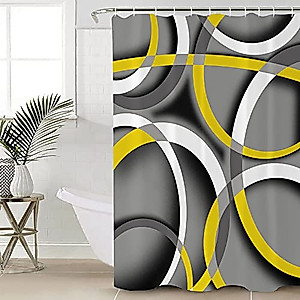 EwdeWwo Modern Art 4 Piece Shower Curtain Sets with Non-Slip Rugs, Toilet Lid Cover and Bath Mat, Yellow Gray and White Circle Abstract Geometric Shower Curtain with Hooks, Durable and Waterproof
