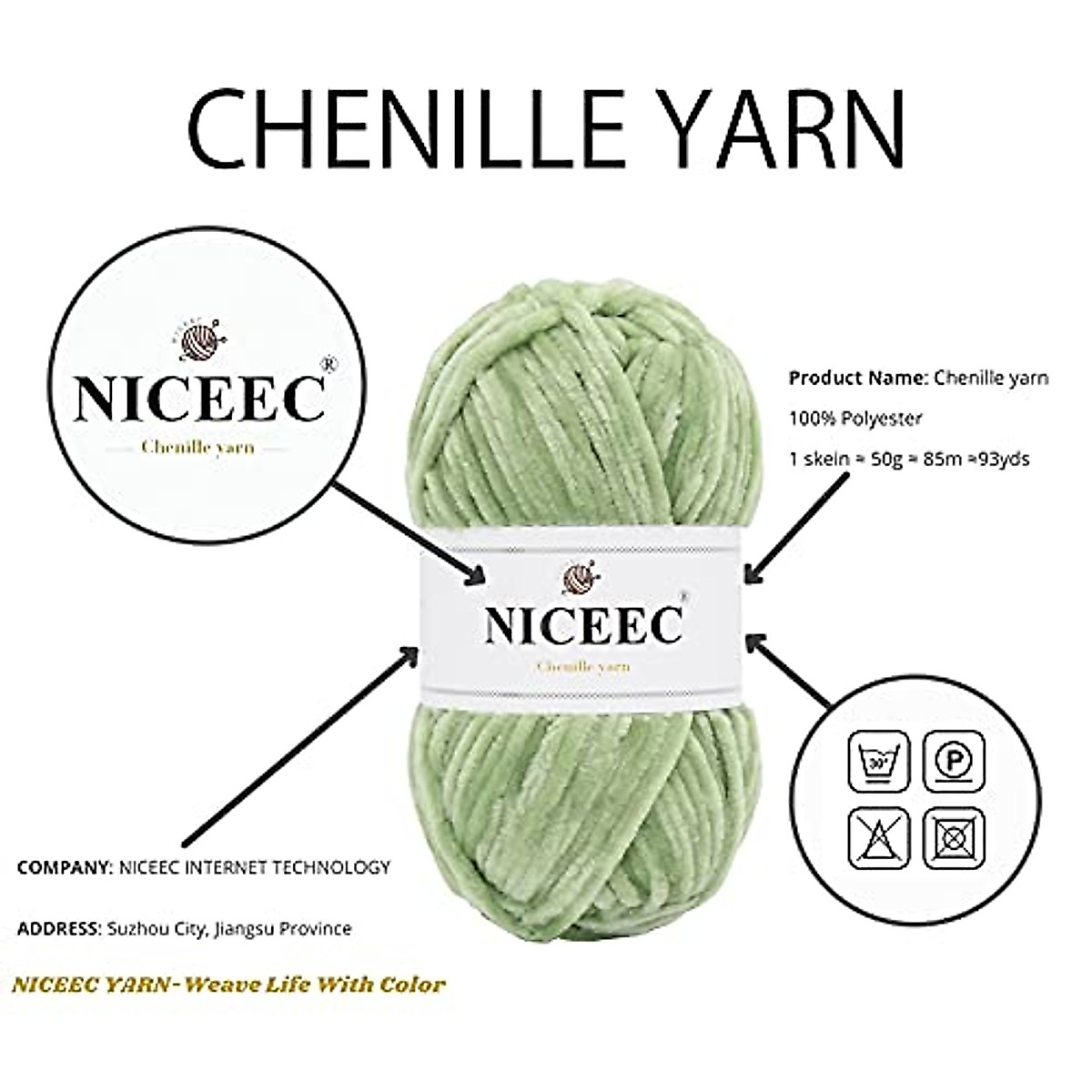 NICEEC 3 Skeins Soft Chenille Yarn Blanket Yarn for Knitting Fancy Yarn for Crochet Weaving DIY Craft Total Length 3×85m (3×93yds, 3×50g)_Mint Green
