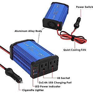 ALLWEI 300W Portable Power Station and 300W Blue Car Power Inverter, 280Wh Backup Lithium Battery, USB-C PD60W, 110V Pure Sine Wave AC Outlet, 78000mAh Solar Power Generator LED Light for Camping
