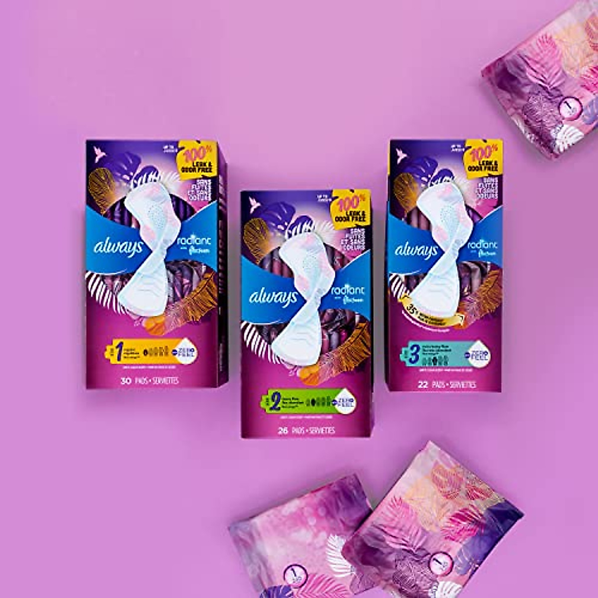 Always Radiant Feminine Pads For Women, Size 3 Extra Heavy Flow Absorbency, With Flexfoam, With Wings, Scented, 22 Count