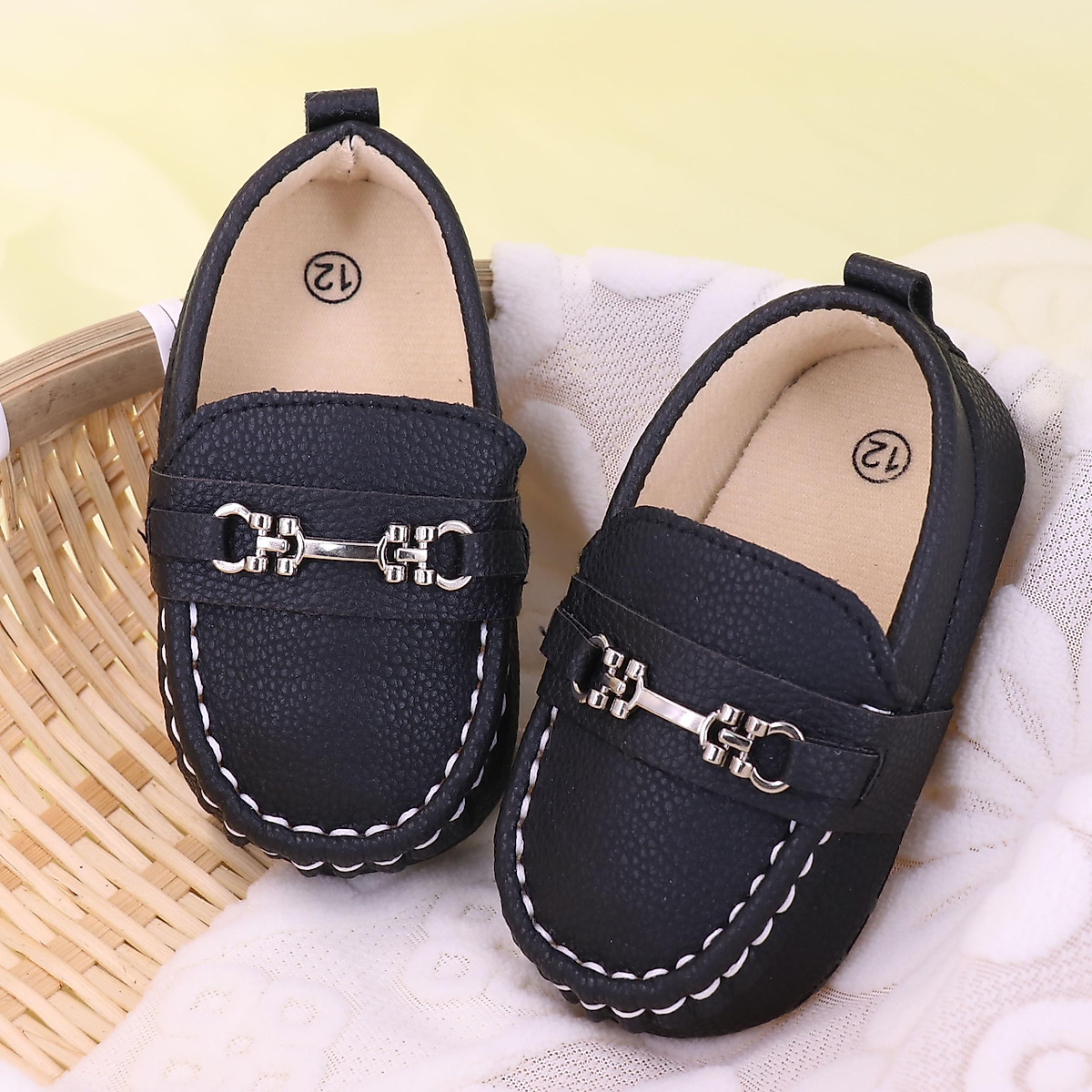 LONSOEN Infant Shoes Boys Loafers Baby Girls Crib Moccasins Classic Synthetic Leather Wedding Dress Shoes,BAY209 Black 6-12 Months