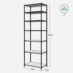 SONGMICS 7-Tier Metal Storage Shelves, Wire Shelving Unit, Adjustable Shelves, Garage Shelving, Kitchen, Living Room Storage Rack, Shelf Liners, 8 Hooks, Total Max. Load 616 lb, Black ULGR067B01