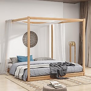 Harper & Bright Designs King Size Canopy Bed, Wood King Platform Floor Bed with Slat Support, 4 Posters King Bed Frame for Kids Teens Adults (Natural)