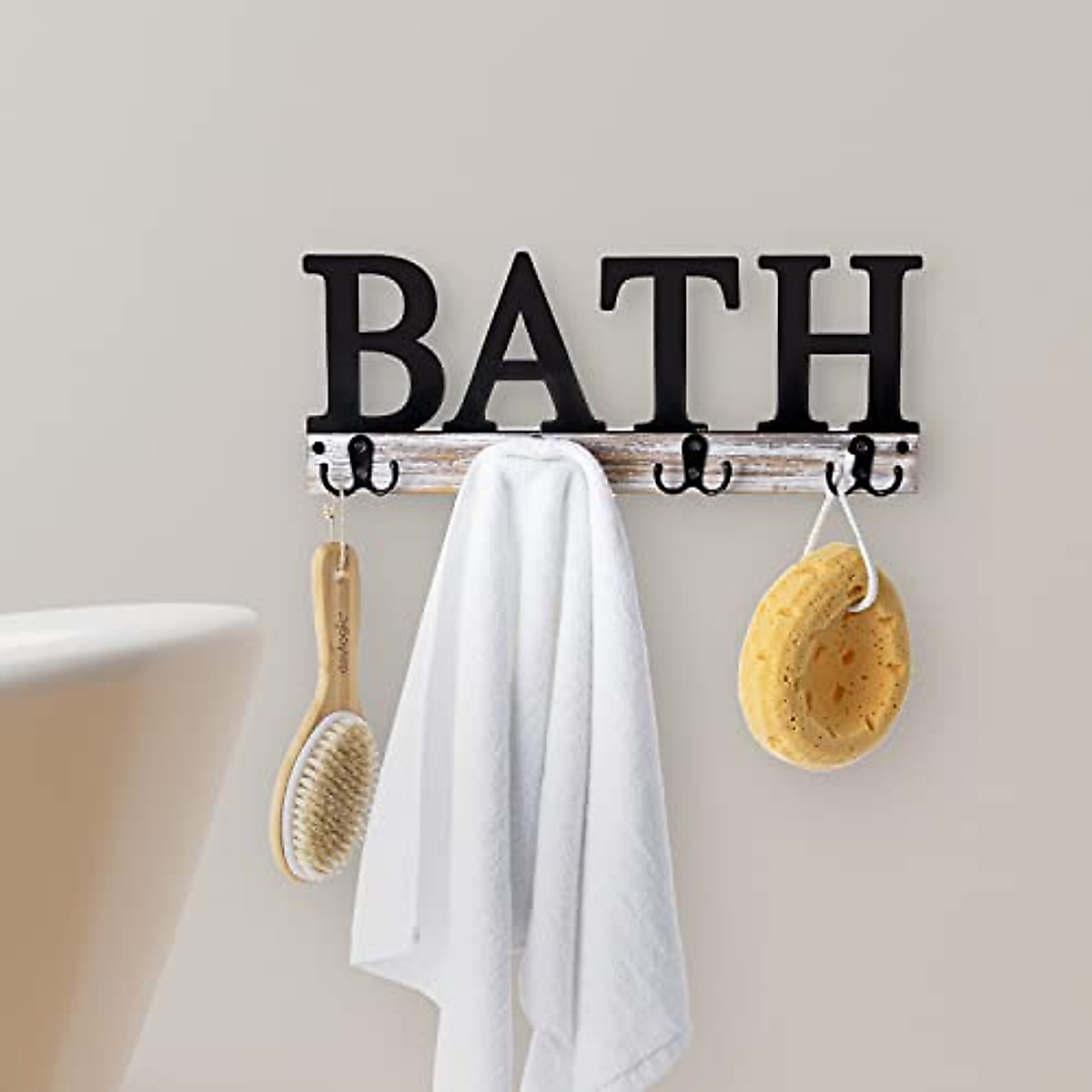 MyGift Wall Mounted Shabby Whitewashed Weathered Wood and Black Metal Bathroom Towel Rack - Bath Cutout Design Hanging Bath Towels Organizer with 4 Double Hooks