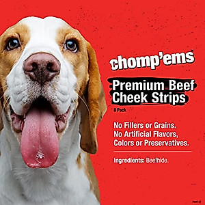 Chomp'ems Beef Cheek Strips, 8 Pack - Healthy, Protein Rich Treats for Dogs - Long Lasting Dog Chews