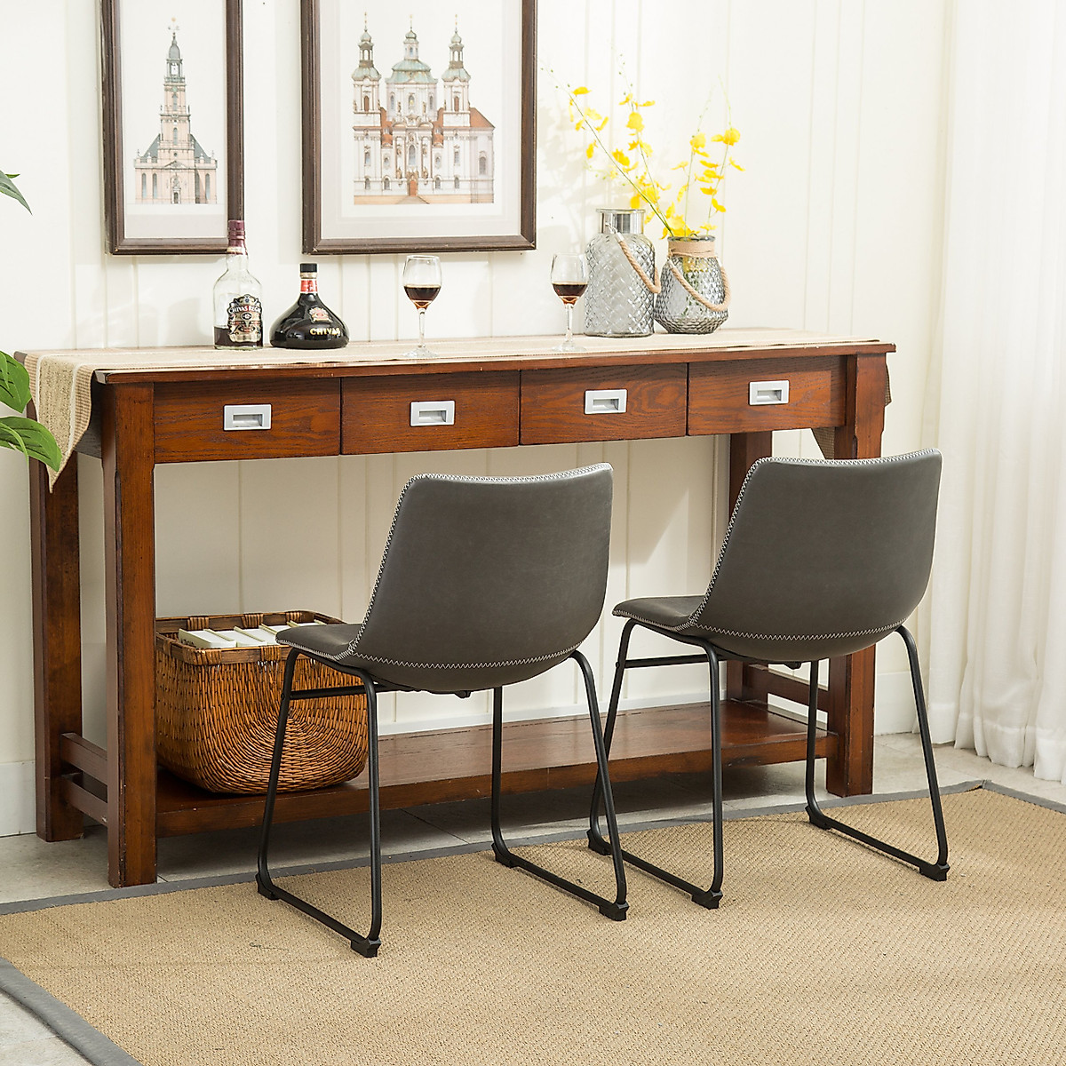 Roundhill Furniture Lotusville Vintage PU Leather Dining Chairs, Antique Gray, Set of 2