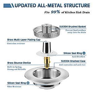 Kitchen Sink Drain Strainer 3 in 1, 304 Stainless Steel Pop Up Sink Stopper, Anti-Clogging Sink Drain Strainer for US Standard Kitchen Drain (SUS304 Brushed)