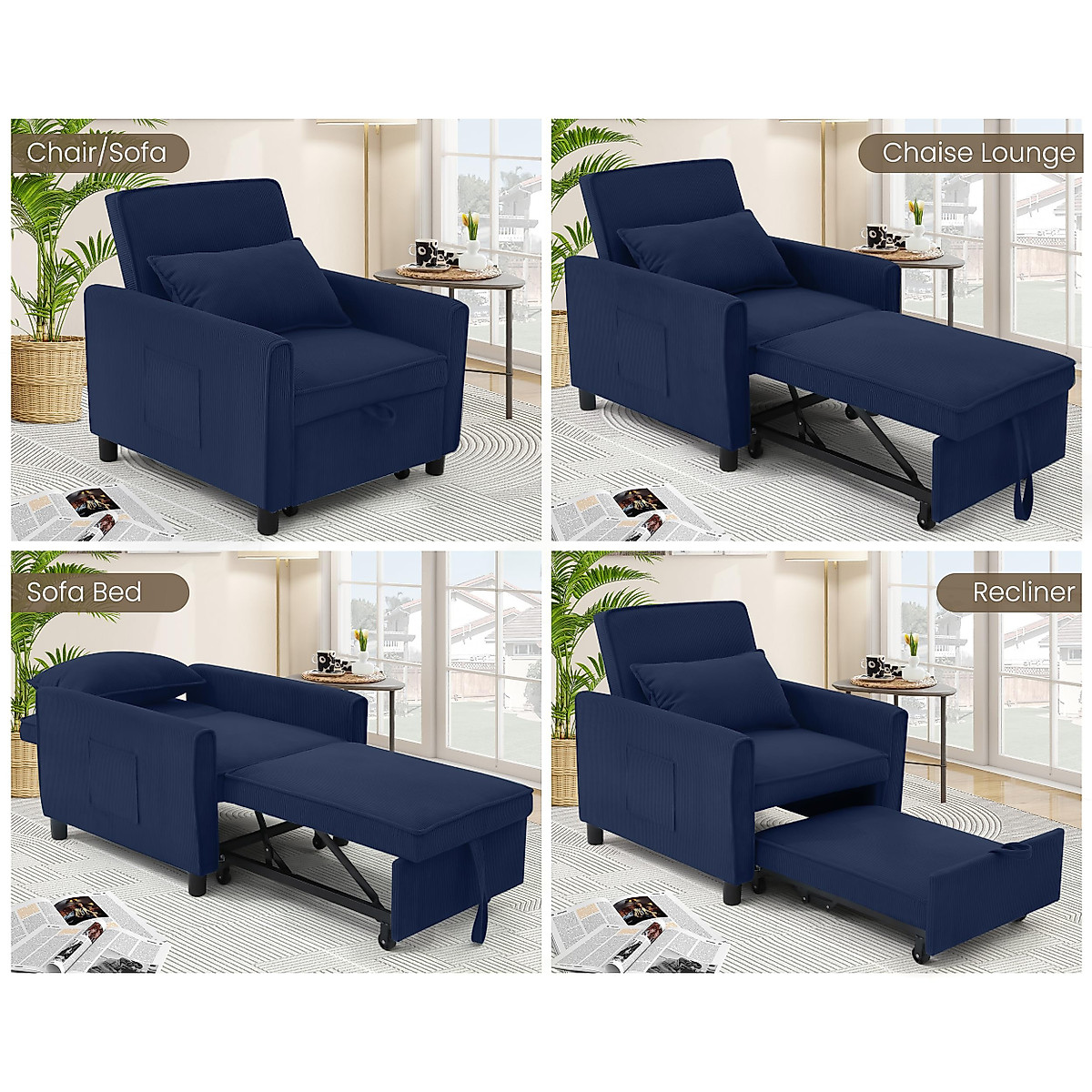 SEJOV Sleeper Chair, 4-in-1 Convertible Sleeper Sofa Bed with Adjustable Backrest, Corduroy Pull Out Chair Bed Single Recliner for Living Room, Bedroom, Apartment, Office, Small Space, Navy Blue