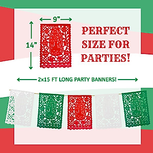 TexMex Fun Stuff - Mexican Banner Decorations, Mexican Party Decorations, Mexican Banner Papel Picado, Virgin of Guadalupe, Paper, 14 x 9 Inches per Flag, Set of 2