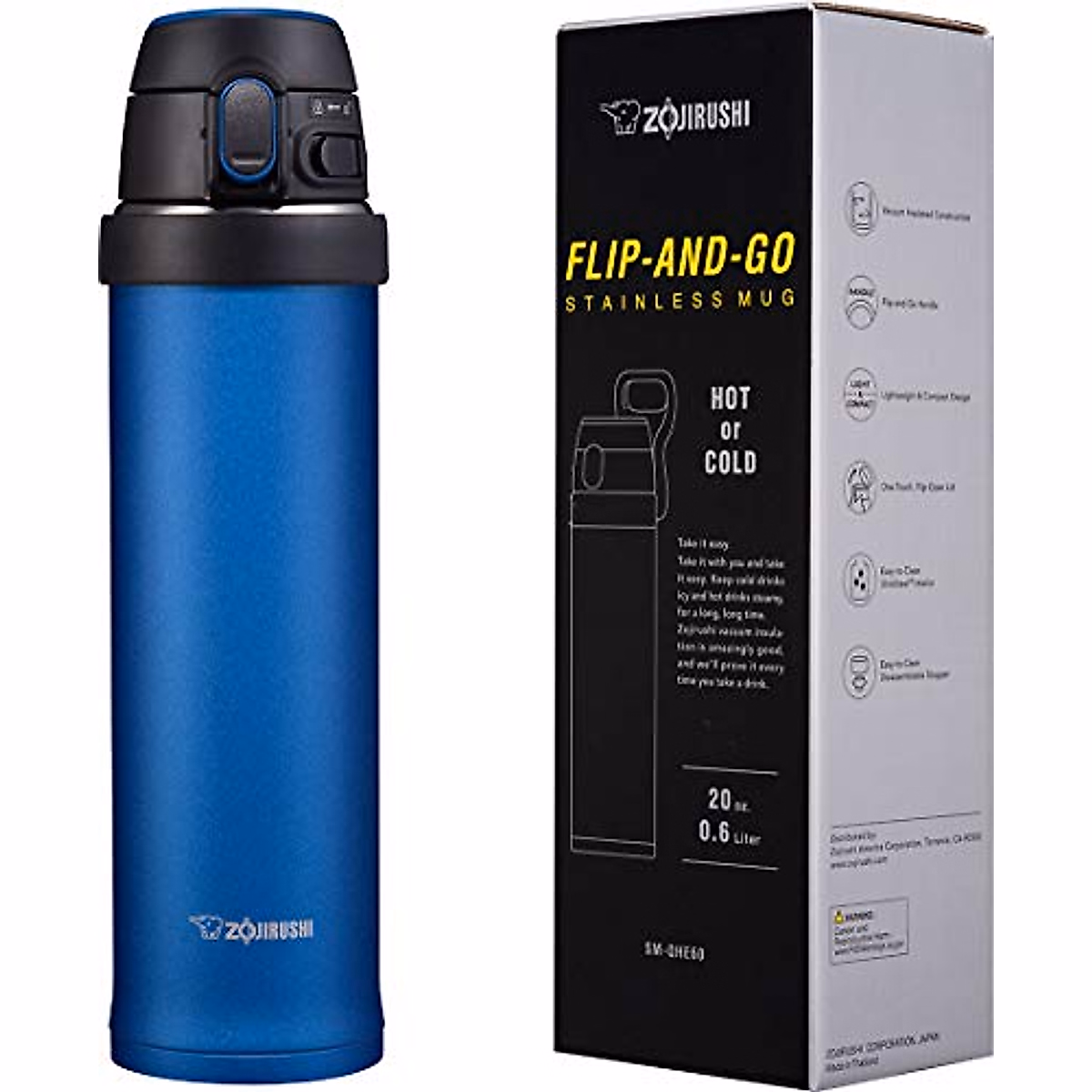 Zojirushi SM-QHE60AK, Flip-and-Go Stainless Mug, 20-Ounce, Cobalt Blue