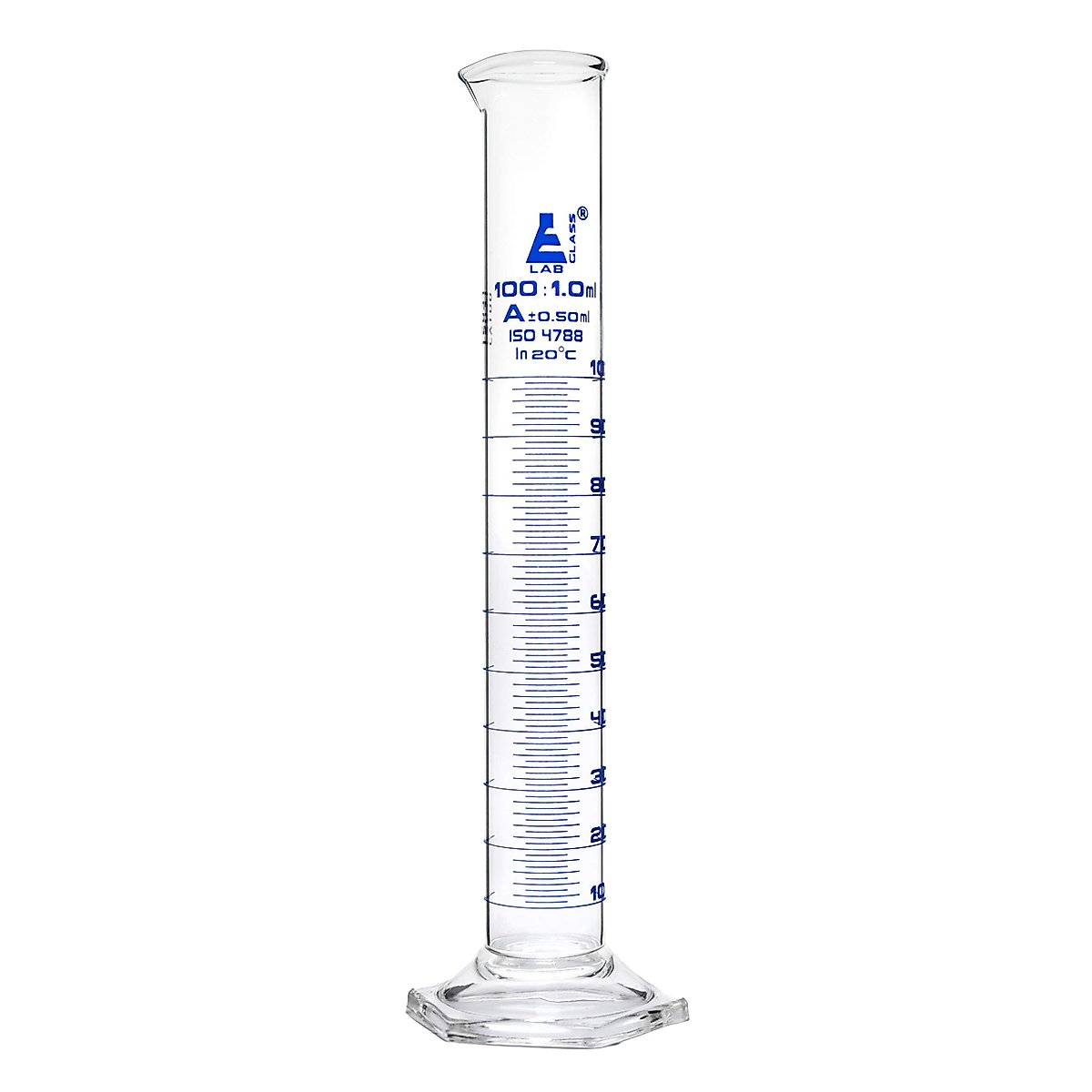 EISCO Graduated Cylinder, 100ml - Class A Tolerance ±0.50ml - Hexagonal Base - Blue Graduations - Borosilicate 3.3 Glass