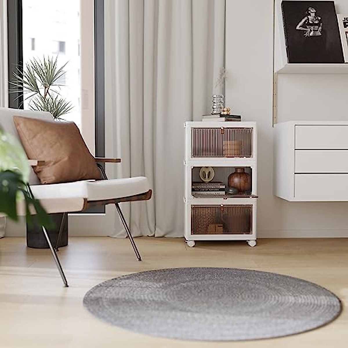 Waissdea Storage Bins with Lids 23Qt, 3 Packs Stackable Storage Bins with Wheels, Magnetic Door, Leather Handle, Plastic Storage Containers for Bedroom, Living Room, Kitchen, Bathroo