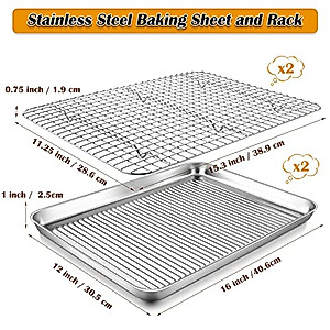 P&P CHEF 16 Inch Baking Sheets with Racks, Stainless Steel Baking Oven Pan Tray and Cooling Rack Set, Corrugated Bottom & Grid Rack, Healthy & Durable, Dishwasher Safe, 4 Pieces (2 Pans + 2 Racks)