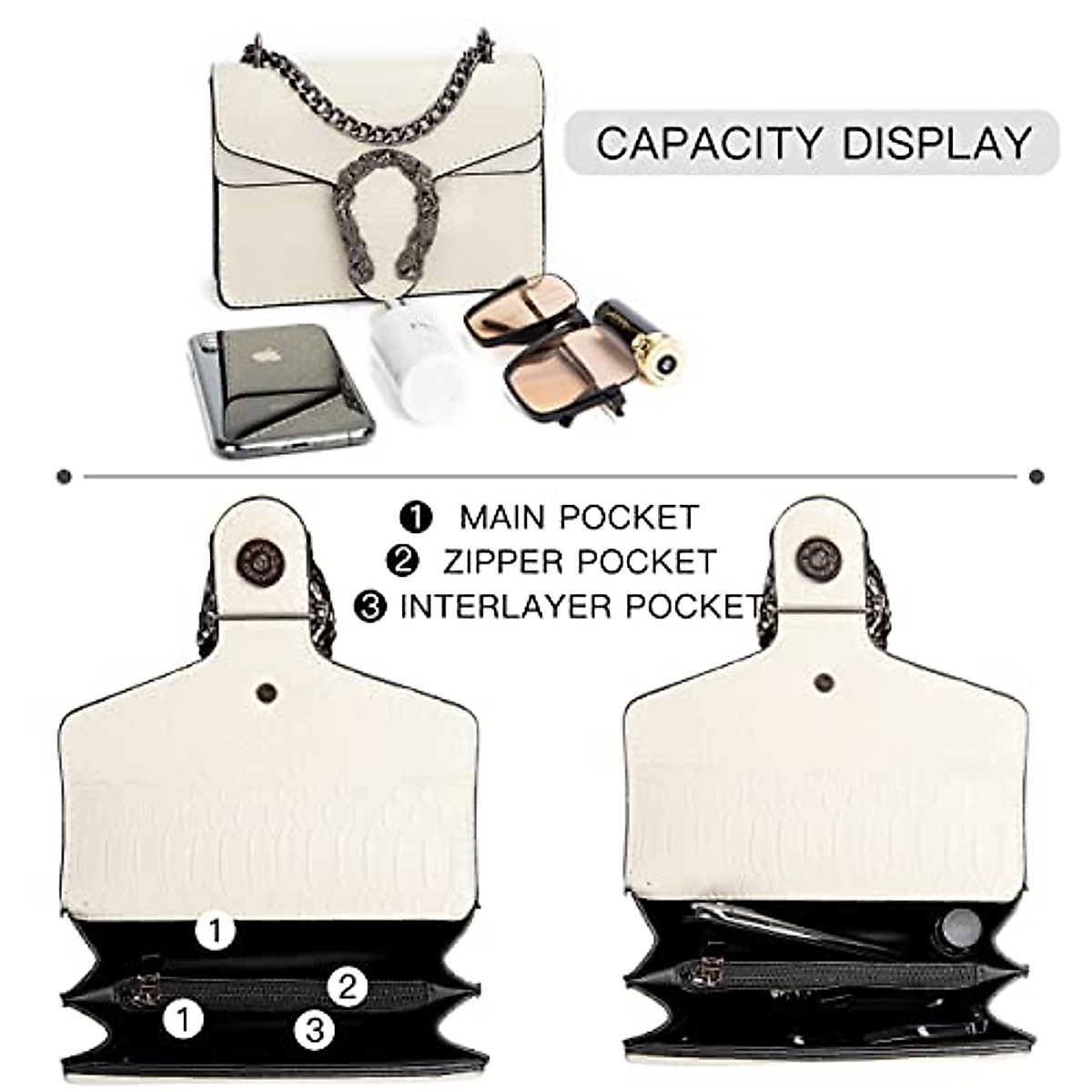 GLOD JORLEE Trendy Chain Crossbody Mini Bags for Women - Luxury Snake Printed Leather Shoulder Satchel Bag Evening Clutch Purse Handbags (off-white,Size:XS)