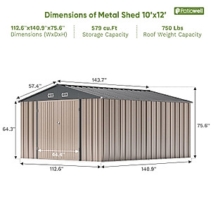 Patiolife 10x12 FT Metal Outdoor Storage Shed, All-Weather Garden Tool Shed with Lockable Door & Sloping Roof, for Backyard and Garden Patio, Brown