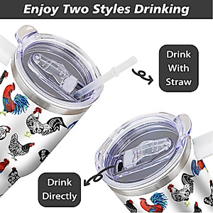 qoepfnsh 40 oz Chicken Tumbler with Handle and Straw, Boho Rooster Stainless Steel Vacuum Insulated Travel Coffee Mug Cup Water Bottle, Chicken Stuff Accessories Decor, Rooster Gifts for Women Girls