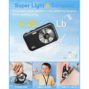 Fulealfly Digital Camera, FHD 1080P Kids Camera with Neck Lanyard 32GB Card Battery, Anti-Shake 16X Zoom, 44MP Point Shoot Cameras, Compact Portable Gift Camera for Kid Teen Student Girl Boy(Black)