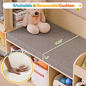 MU Kids Bookshelf with Reading Nook, Wooden Toy Storage Organizer with Chalkboard and Bench, Kids Reading Nook for Boys & Girls, Toddler Toy Shelf for Bedroom, Nursery, Playroom, Natural Oak