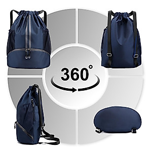 Hoedia Sports Drawstring Backpack - String Swim Gym Bag with Shoes Compartment and Wet Proof Pocket for Women/Men (Navy Blue)