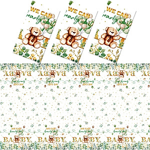 3 Packs We Can Bearly Wait Baby Shower Tablecloth Decorations Teddy Bear Table Cover Balloon Bear Plastic Tablecloth for Bear Theme Birthday Baby Shower Party Decor, 54 x 108 Inch (Green Leaf Style)