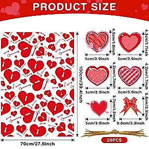 Geyee 80 Pieces Valentine Basket Bags Large Clear Cellophane Basket Bags Valentines Day Bags Red Heart Card Baskets Wrapping Bags with Ribbon Bows for Gift Weddings Bridal Baskets Bags 28 x 39 Inch