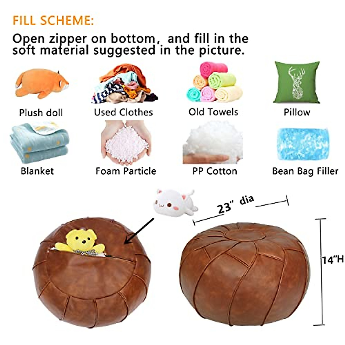 Thgonwid Unstuffed Pouf Cover - Round Foot Stool Ottoman - Storage Bean Bag Floor Chair - Luxury Leather Pouffe - Small Foot Rest for Living Room, Kids Room or Bedroom (Brown)