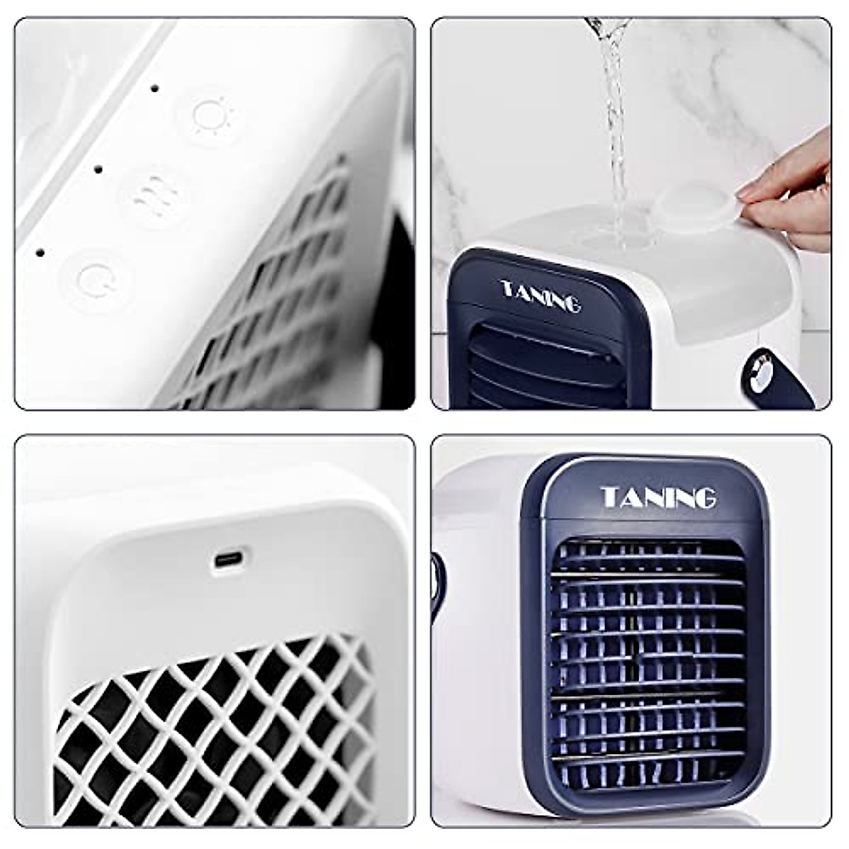 TANING Portable Air Conditioner, Personal Mini Air Cooler, 3 in 1 Rechargeable Evaporative Air Cooler, 3 Fan Speed, 7 Colors LED Lights Cycle Gradient for Home Kitchen Office0723