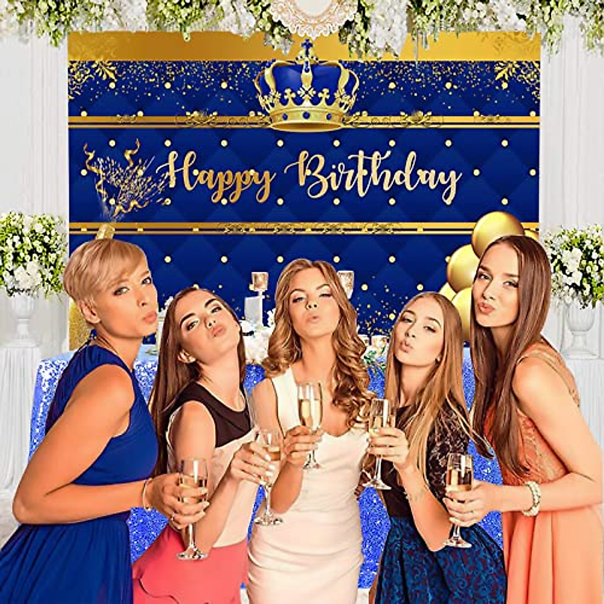 InMemory Royal Blue and Gold Birthday Backdrop for Men Golden Crown Champagne Balloons Happy Birthday Background Boys Womens Bday Party Event Decoration Banner Selfie Photo Booth Supplies Prop 5x3ft