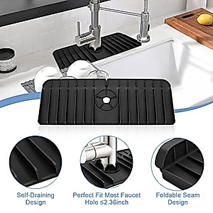 Silicone Faucet Handle Drip Catcher Tray, 2 Pack Silicone Faucet Mat for Kitchen Sink, Sink Splash Guard Behind Faucet, Faucet Drip Catcher to Keep Kitchen Clean and Dry 14.6''x5.4'' (Black)