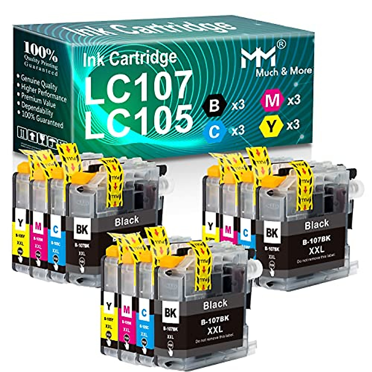 MM MUCH & MORE Compatible Ink Cartridge Replacement for Brother LC-107 LC-105 LC107 LC105 XXL Used in MFC-J4410DW J4310DW MFC-J4610DW 4710DW MFC-J4510DW (3 Black, 3 Cyan, 3 Yellow, 3 Magenta) 12-Pack