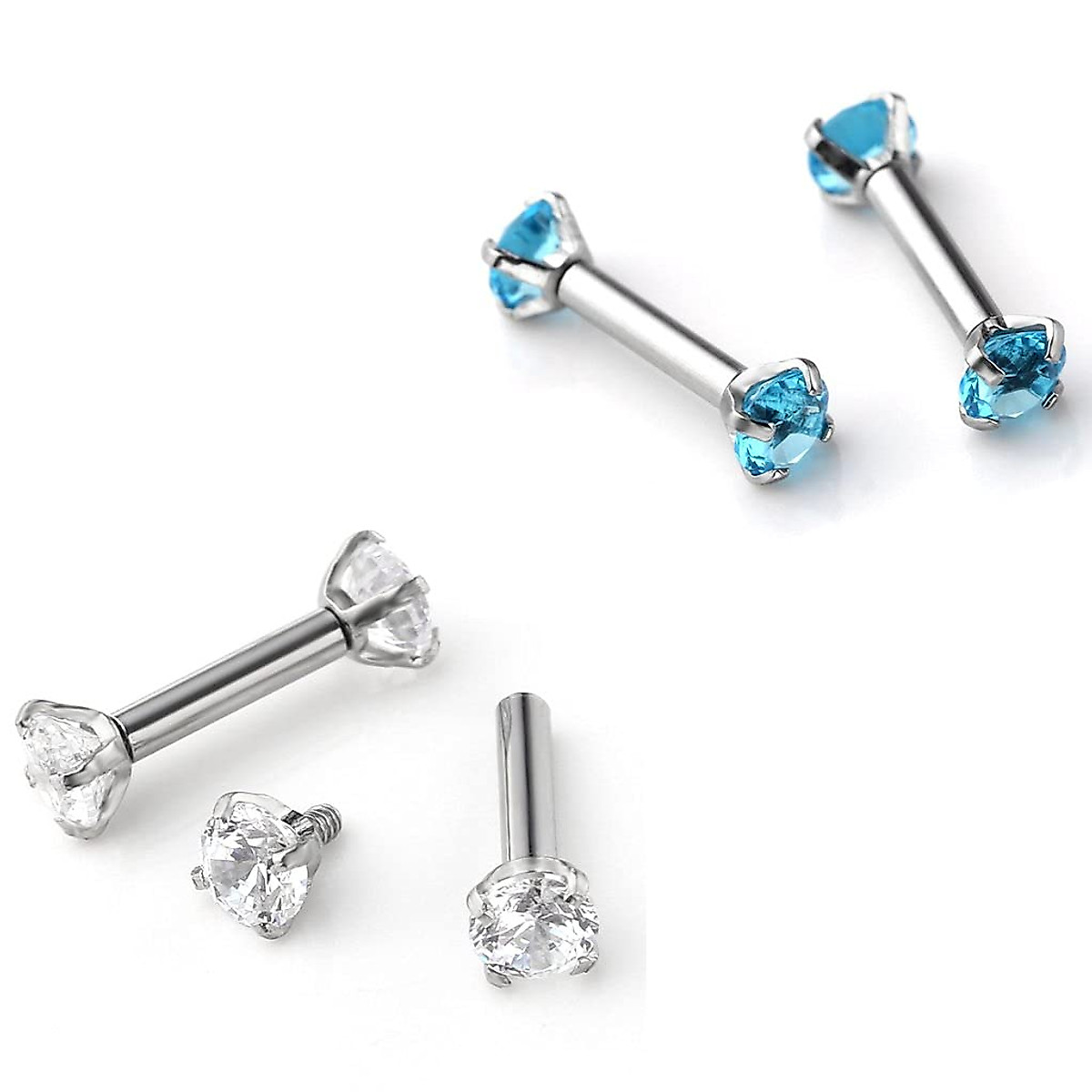 Zysta Small Rhinestone Blue Clear Cubic Zirconia Barbell Earring Studs Mini Cute Tragus Helix Cartilage Ear Lobe Nose Piercing Straight Bar 16G Screw on Stainless Steel