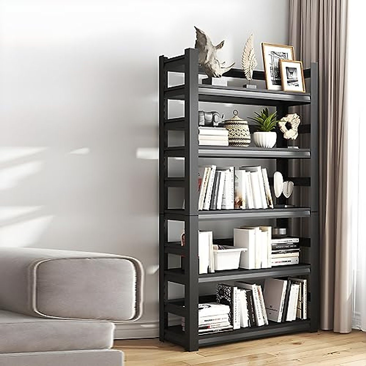 KWOKING Rectangle Standard Bookshelf Scandinavian Metal Bookcase Office Bookshelf Multi-Layer Picture Book Rack Balcony Storage Shelf Wrought Iron Bookcase Floor Shelf Black 23.6" L x 11.8" W x 63" H