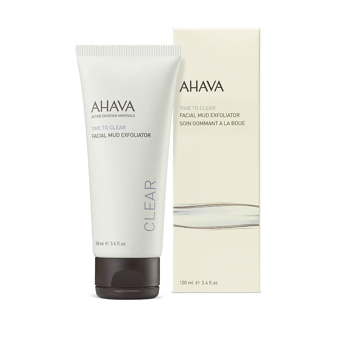 AHAVA Time To Clear Facial Mud Exfoliator - Gentle mud-based scrub to purify, exfoliate & fresh the skin, unveils radiant, boosts skincare absorption, with Osmoter, Vitamin E & Dead Sea Mud, 3.4 Fl.Oz