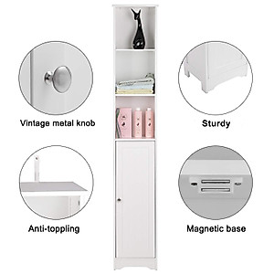 Bonnlo Narrow Cabinet, 67" Tall Slim Bathroom Storage Cabinet 12" Wide White Skinny Linen Cabinet with 3 Open Shelves Single Door Adjustable Shelf Space Saving Corner Pantry