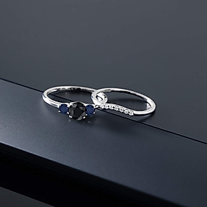 10K White Gold Black Sapphire and Blue Sapphire and White Lab Grown Diamond 3-Stone Bridal Engagement Wedding Ring Set For Women (1.07 Cttw, Gemstone September Birthstone, Round 5MM, Size 9)