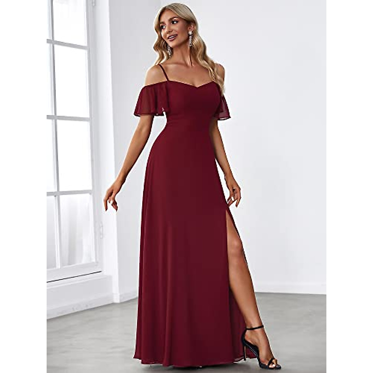 Ever-Pretty Women's Spaghetti Straps Chiffon Long Ruffle Sleeves Ball Gowns Holiday Dresses for Women Burgundy US12