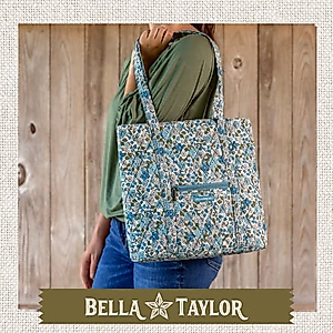 Bella Taylor Country Floral Feedsack Collection, Quilted Cotton Large Shoulder Tote Bag with Zipper for Women, Delicate Floral Blue