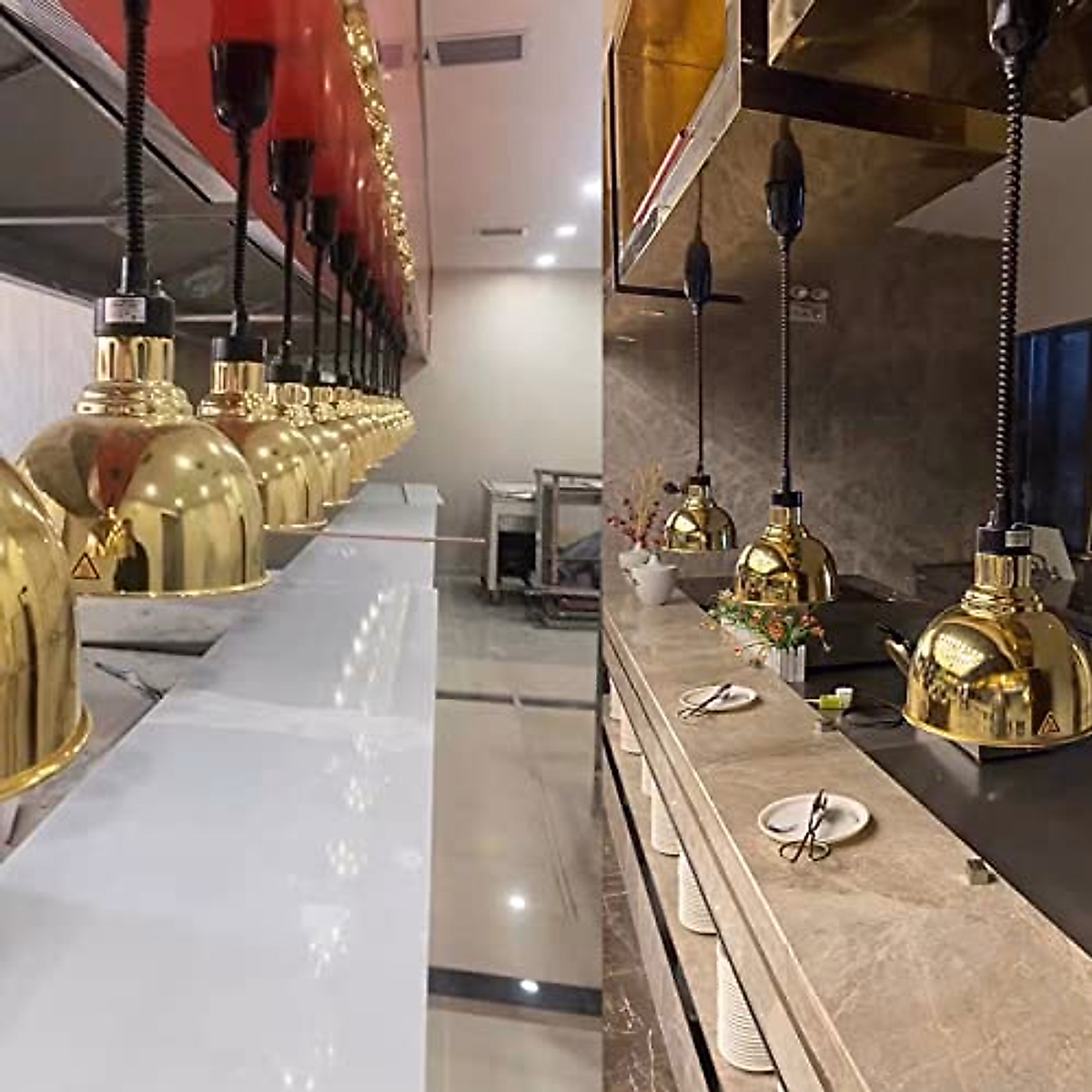 KOUWO 110V Food Heat Lamp Commercial Food Warmer Light Hanging Food Heating Lamps for Buffet,Kitchen,Restaurant,Catering (Gold)