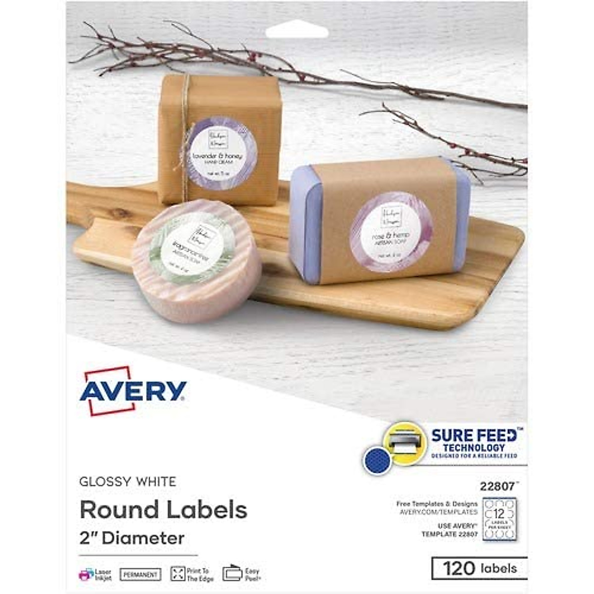 Avery 22807 Round Easy Peel Labels44; 2 in. Dia.44; Glossy44; White44; 120-Pack