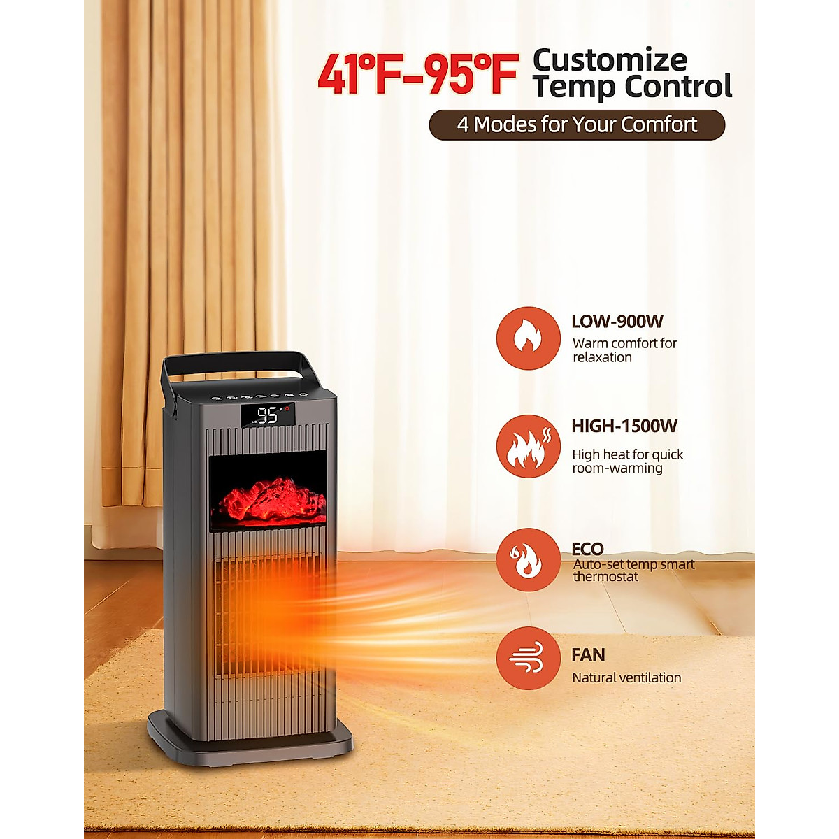 KNKA Space Heater with Thermostat, Electric Space Heaters for Indoor Use, 90° Oscillation, 4 Mode, 12H Timer, 1500W Fast Heating Ceramic Heater for Bedroom, Home, Office - ETL Certified, 13.78"