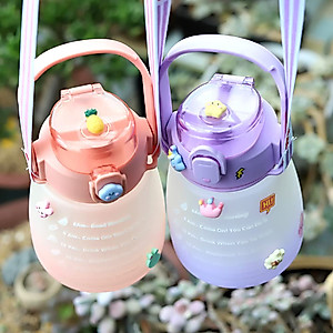 MsAilcplis Girls Kawaii Water Bottle with Straw for School Large Capacity, Portable BPA Free Sports Drinking Frosted Bottle with With scale & Cute 3D Stickers for Outdoor Camping (Pink)